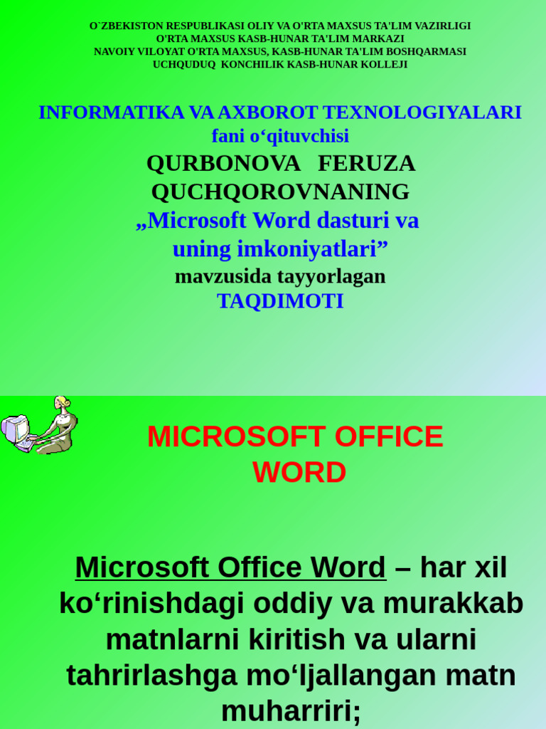 Qurbonova Feruza Quchqorovnaning: Microsoft Word Dasturi Va Uning Imkoniyatlari" | PDF