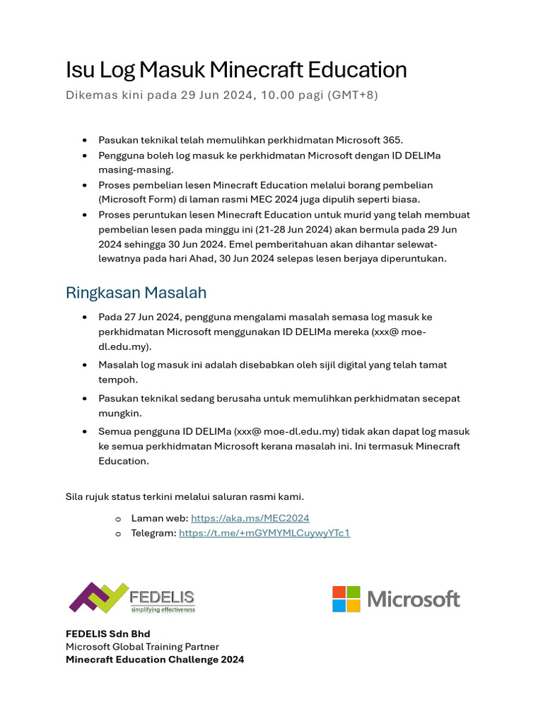 Notis - Isu Log Masuk Minecraft Education-V2 | PDF