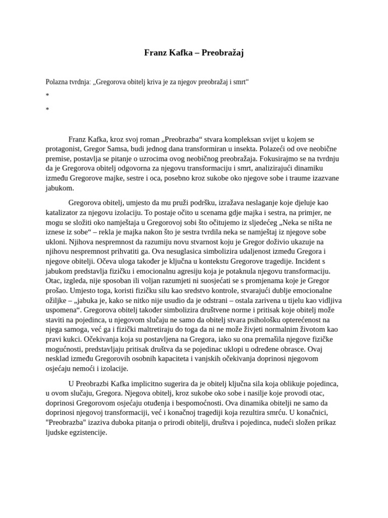 Franz Kafka Preobrazaj | PDF