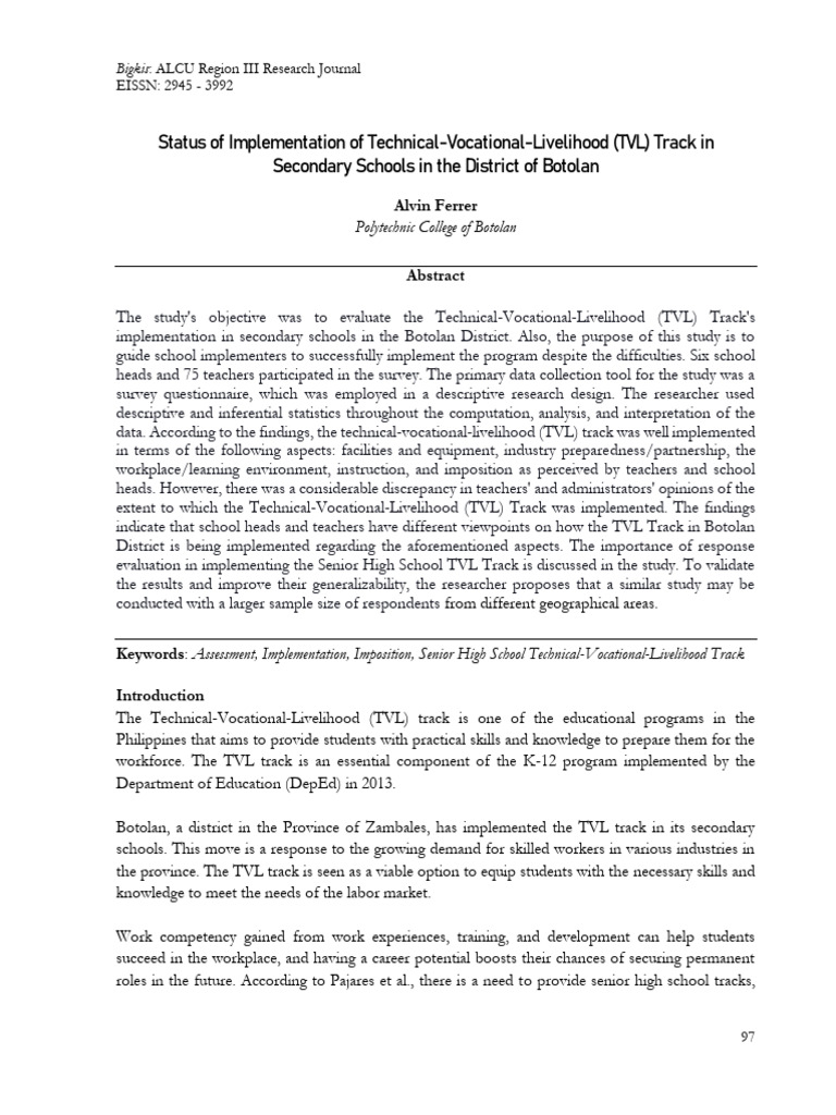 TVL Track Implementation in Botolan Schools | PDF | Teachers | Survey ...