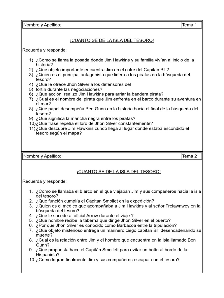 EVALUACION 6° Grado de Primaria: CUANTO SE SOBRE LA ISLA DEL TESORO (La ...