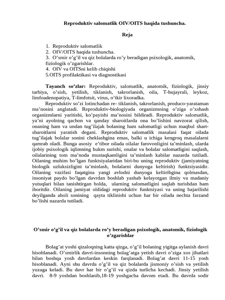 Reproduktiv Salomatlik OIV | PDF