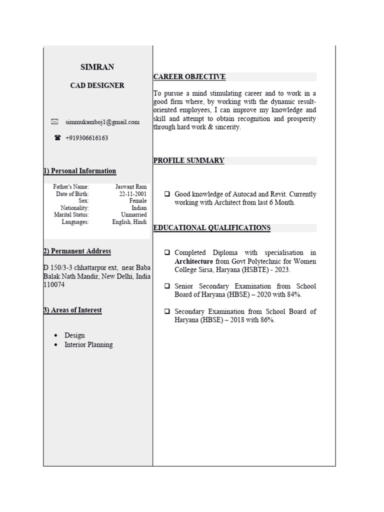 Simran CV | PDF