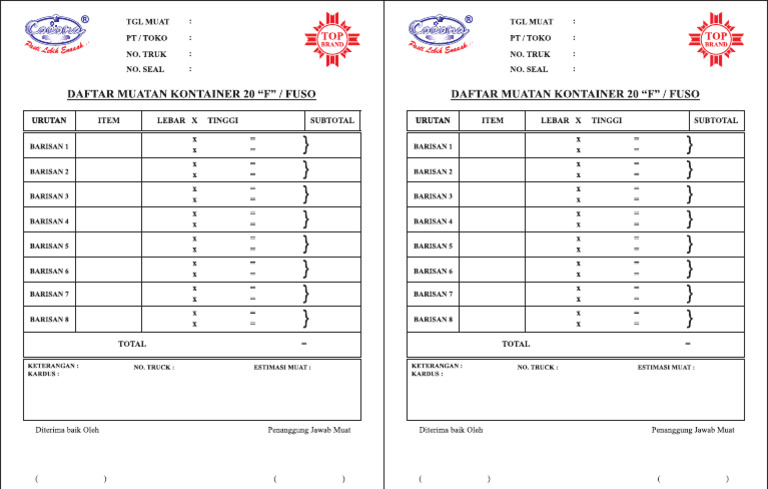 Daftar Muatan Kontainer 20 | PDF