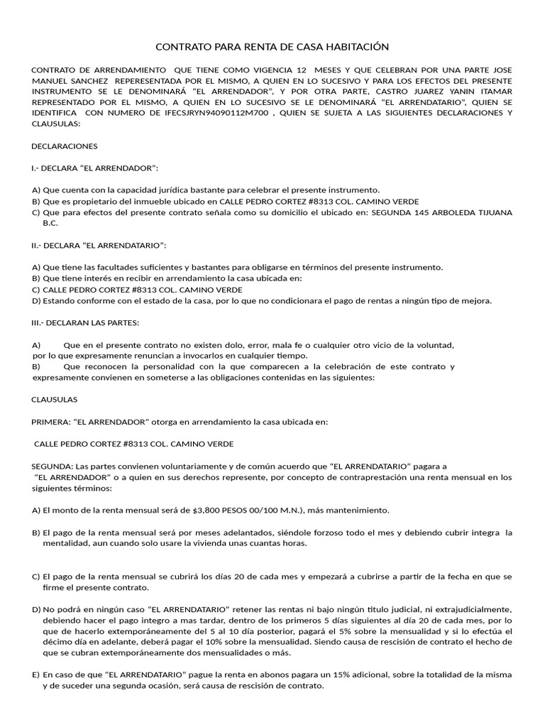 Contrato para Renta de Casa Habitacion | PDF | Derecho empresarial ...