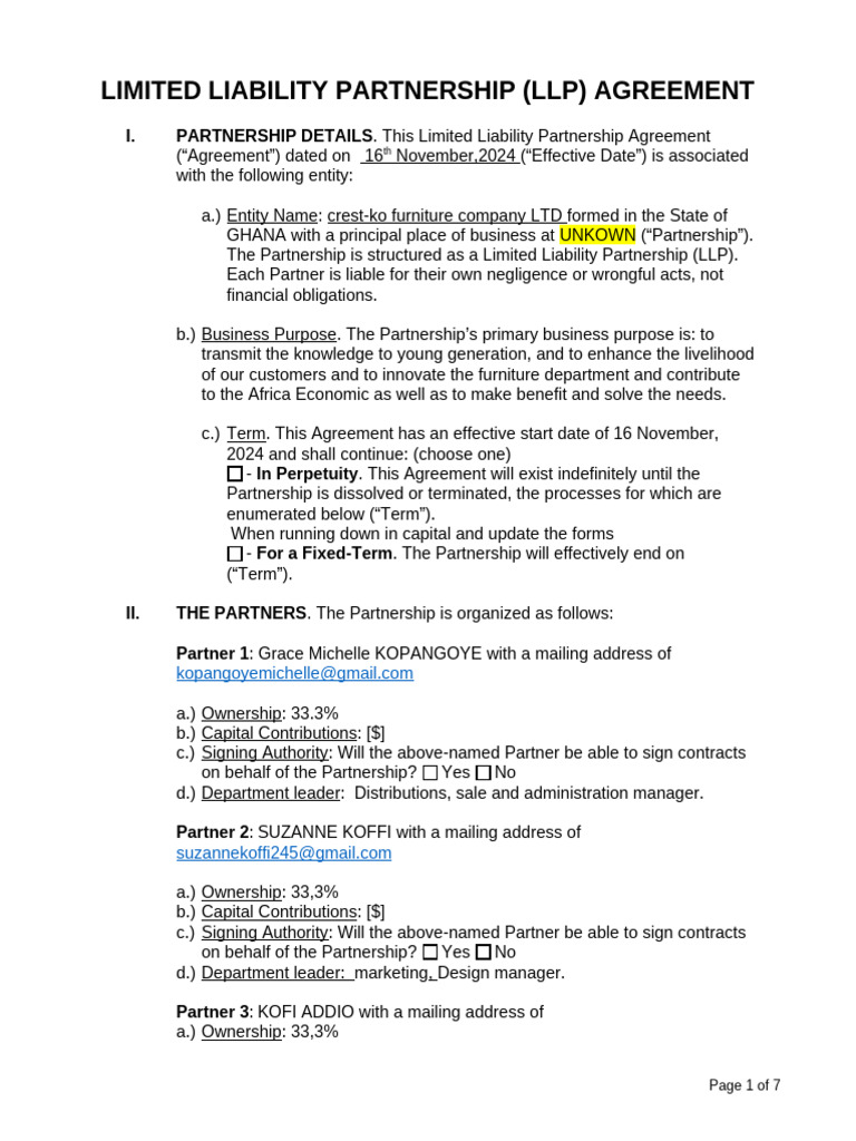 LLP Agreement for Crest-Ko Furniture | PDF | Partnership | Limited ...
