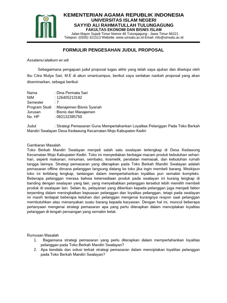 Formulir Pengesahan Judul Proposal Acc Judul Untuk Proposal-1 | PDF ...