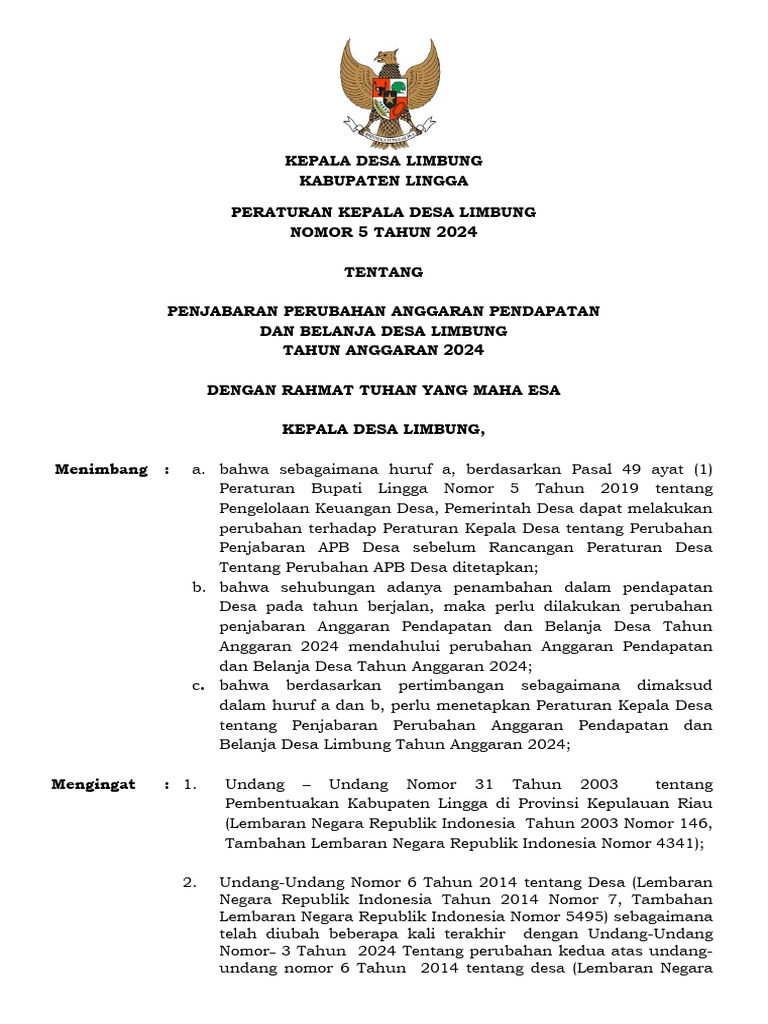 Perkades Perubahan Penjabaran APBDes Limbung 2024 | PDF