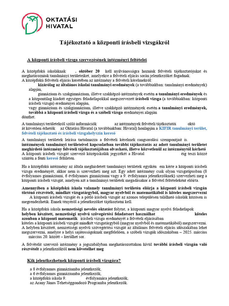 KIFIR Kozponti Irasbeli Vizsga 2024 2025 | PDF