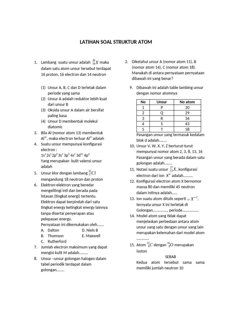 Latihan Soal Struktur Atom 2 Salinan | PDF