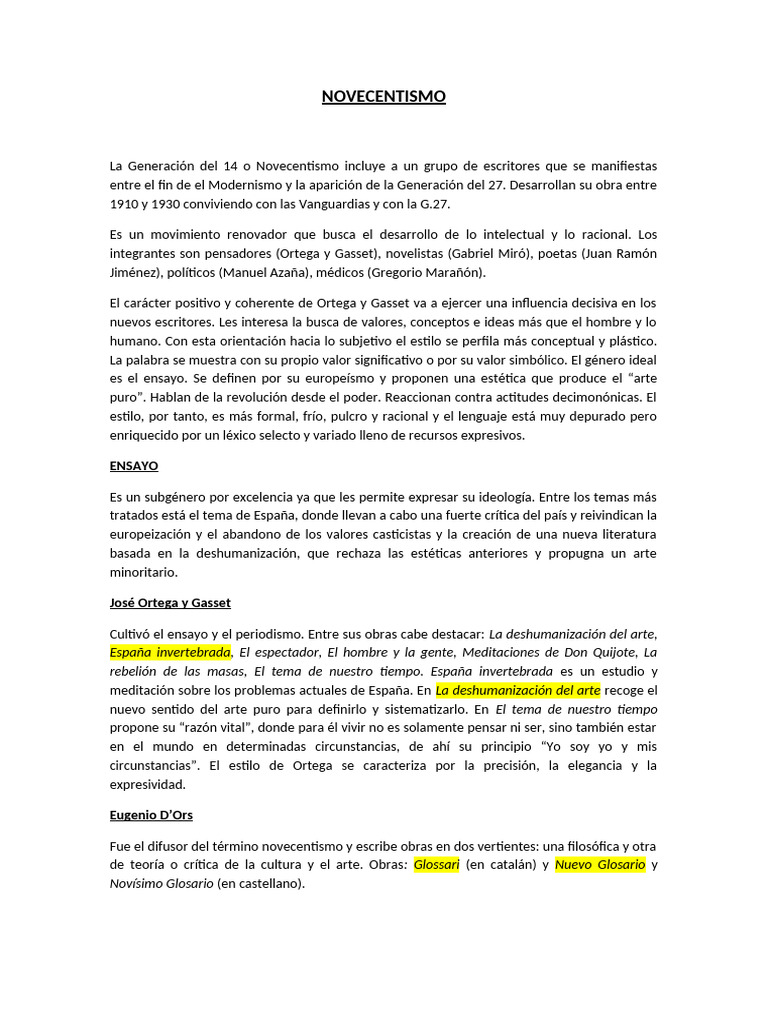 Novecentismo y Generación Del 14. El Ensayo, La Novela Novecentgista ...