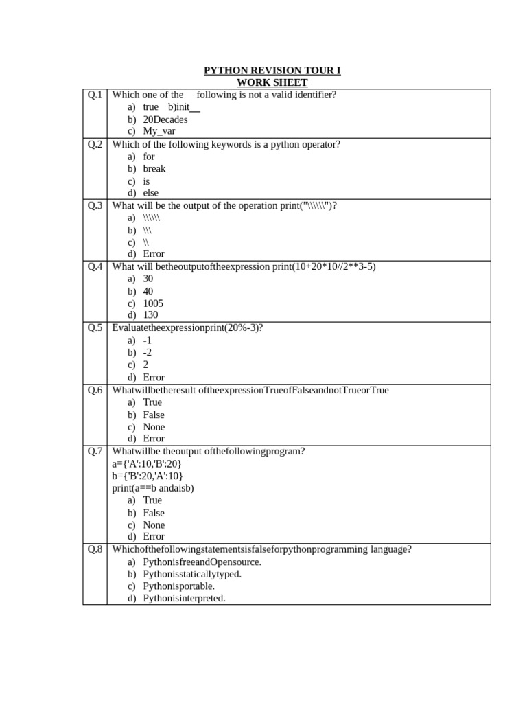 Work Sheet Python Revesion Tour 1 (26.10.24) | PDF | Control Flow ...