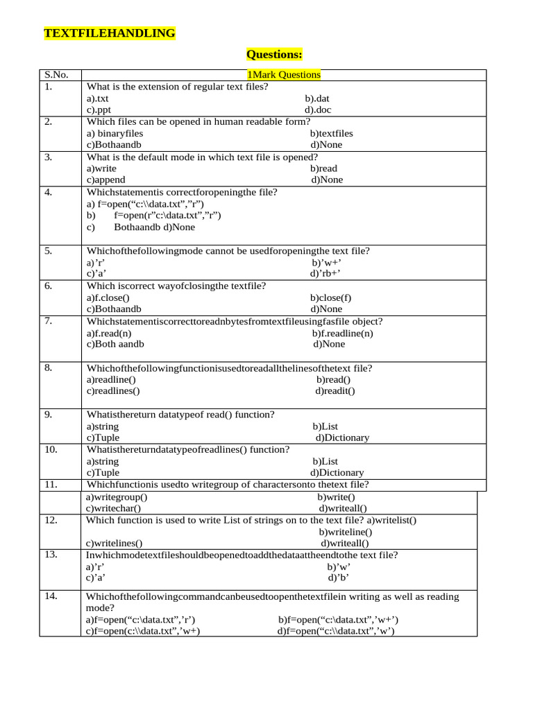 Text File Handling Questions and Answers | PDF | Text File | Text