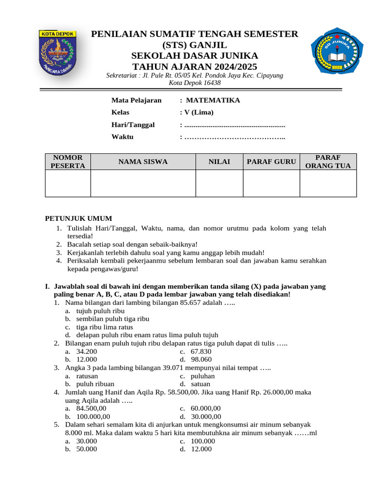 Kop PTS Atau STS Ganjil 2024 MTK | PDF | Metode & Bahan Ajar