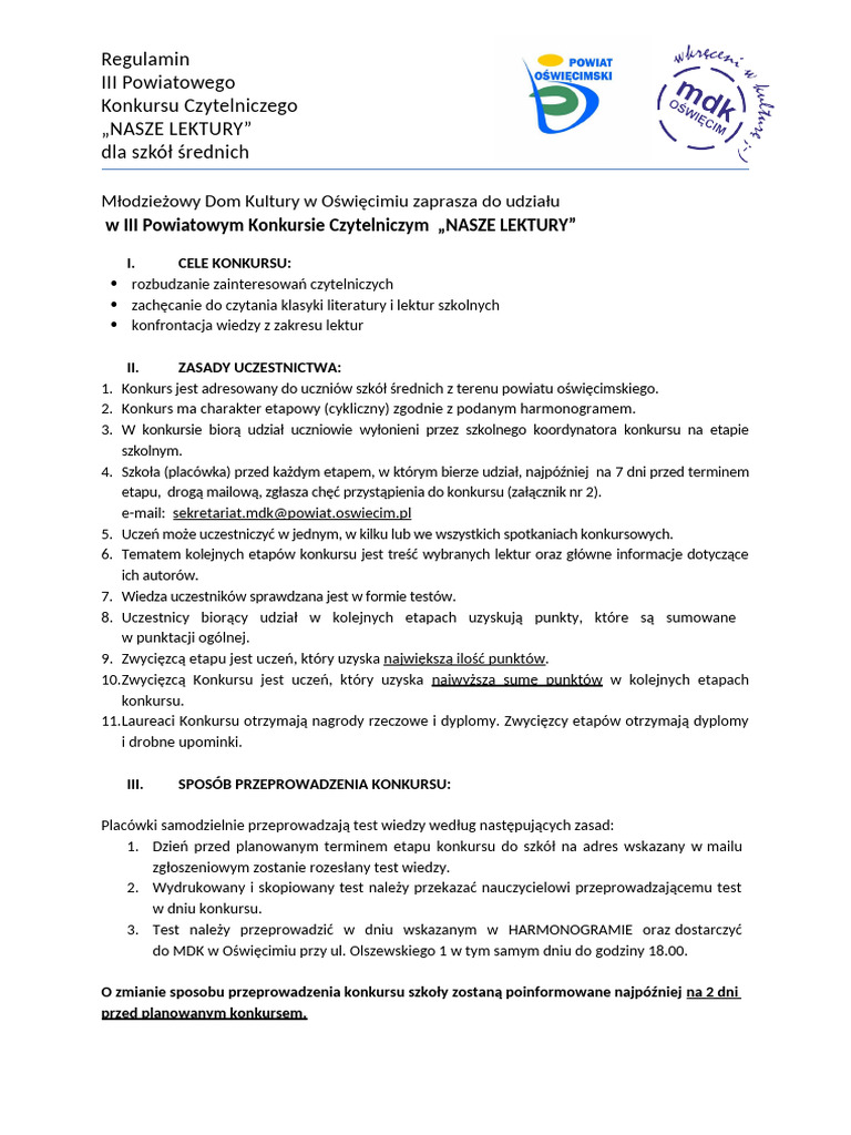 Regulamin NASZE LEKTURY SZKOLA SREDNIA 2024 25 | PDF