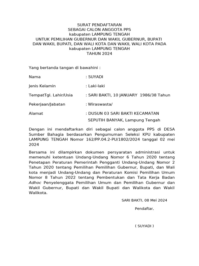 Surat Pendaftaran SUYADI | PDF