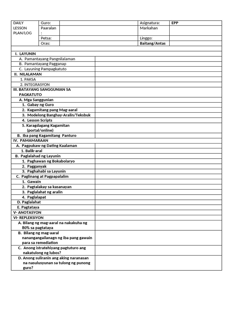 Daily Lesson Plan Epp | PDF