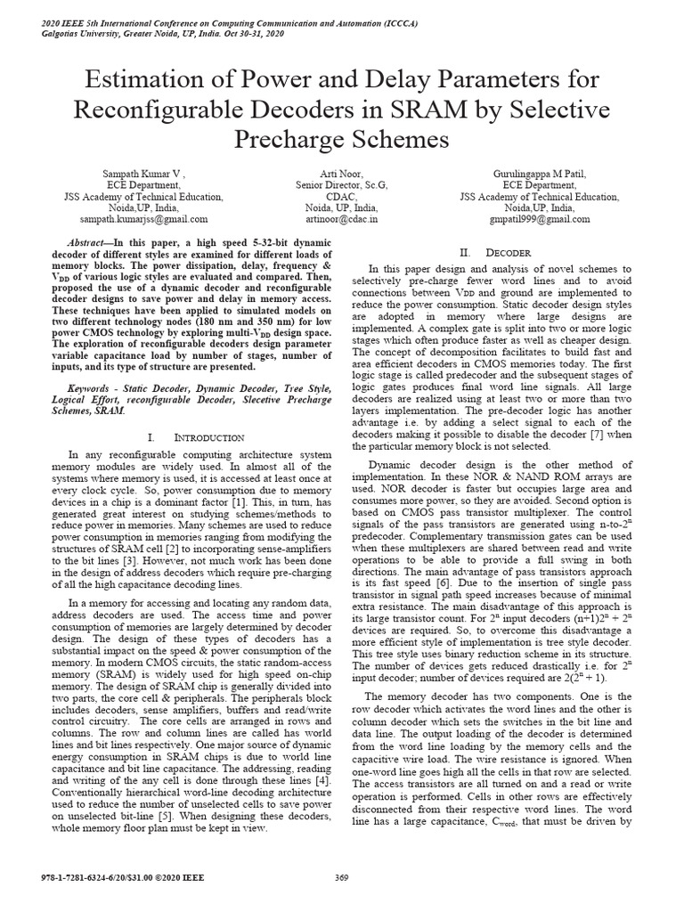 Estimation of Power and Delay Parameters For Reconfigurable Decoders in SRAM by Selective ...