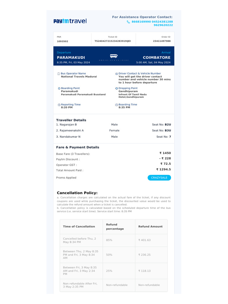 Paramakudi to Coimbatore Bus Ticket Details | PDF | Identity Document | Bus