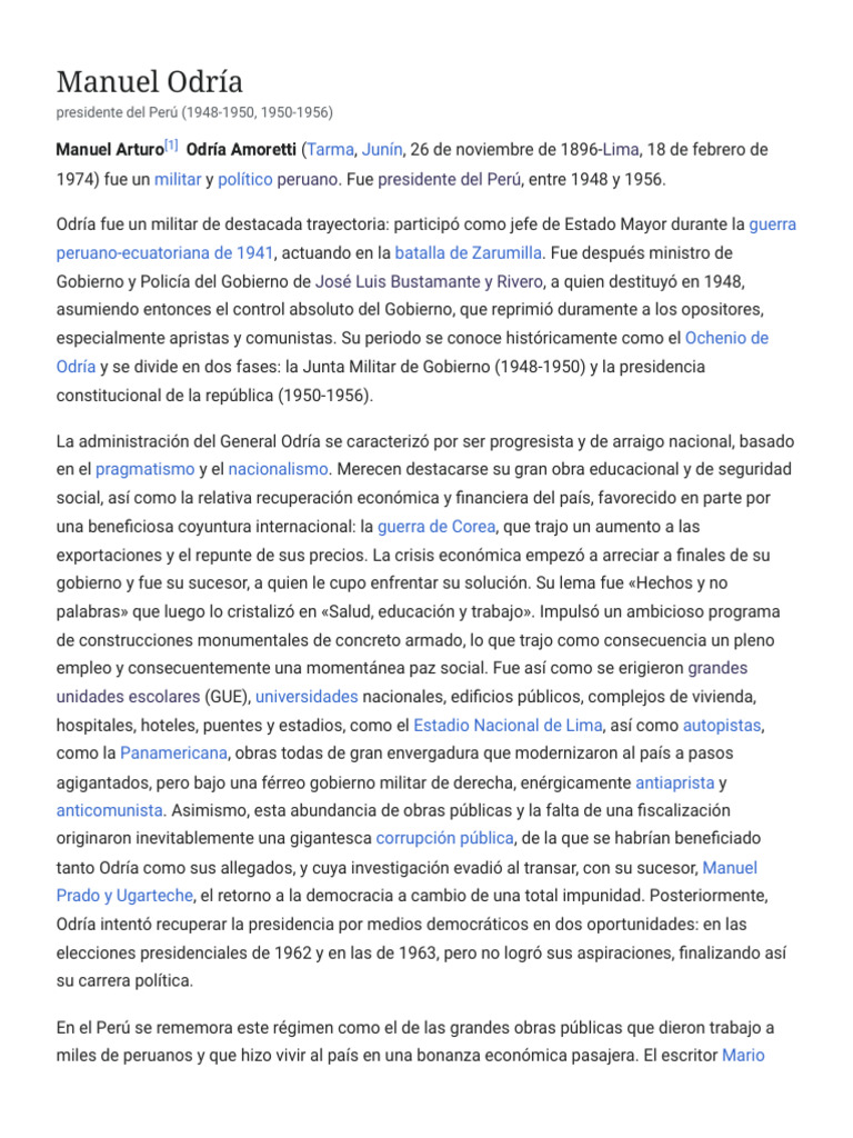 Manuel Odría - Wikipedia, La Enciclopedia Libre | PDF | Perú