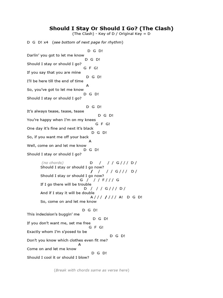 Should I Stay or Should I Go Uke in D | PDF | Rock Songs | Songs
