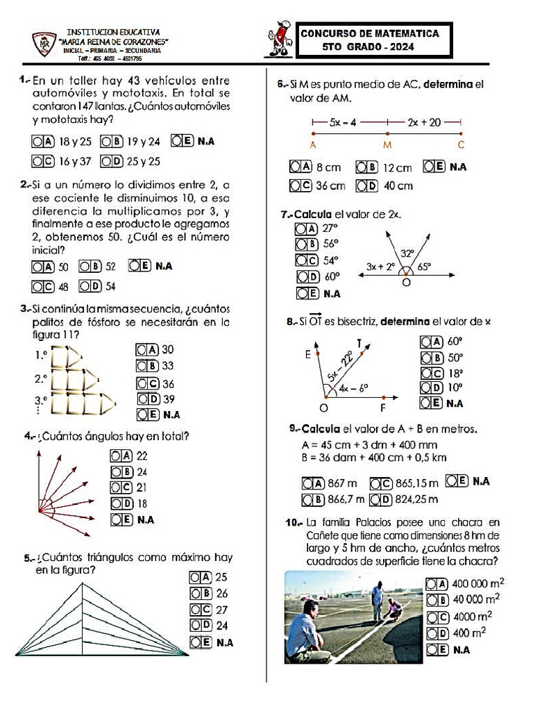 Concurso de Matematica 5to-2024 | PDF