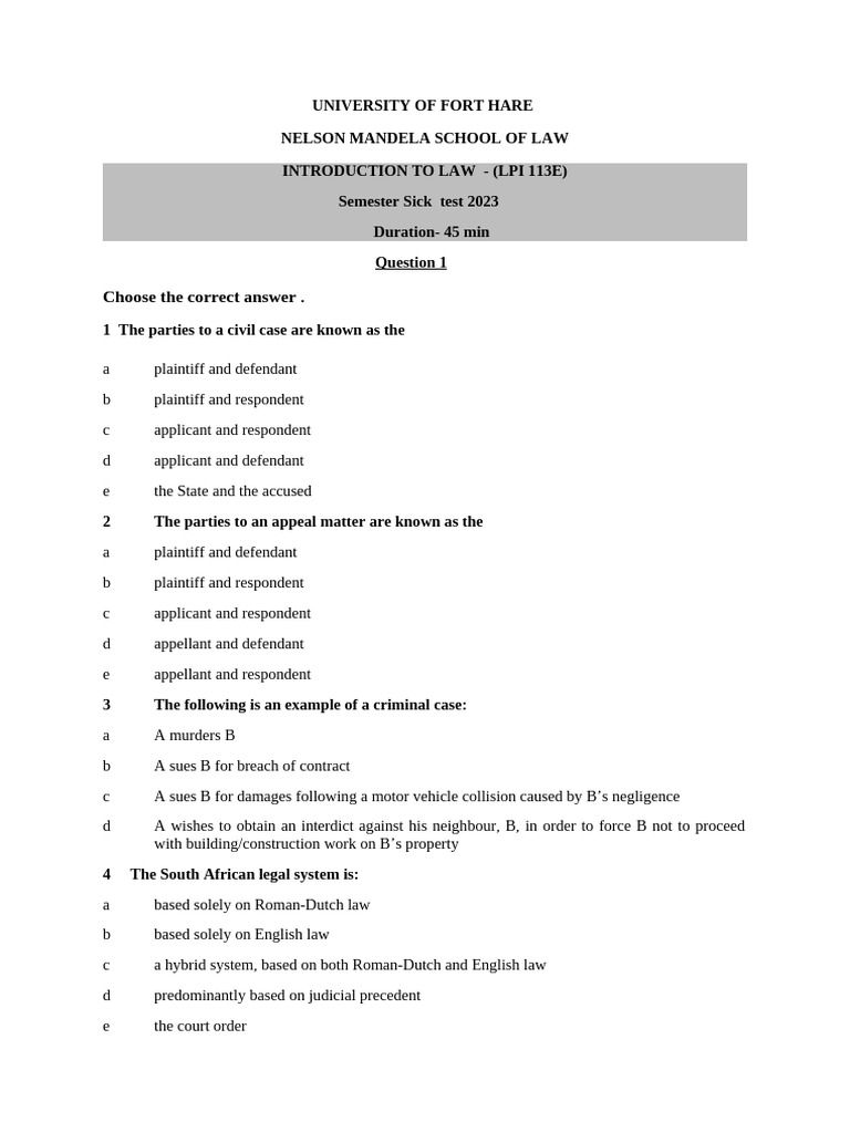Intro To Law Semester Sick Test 2023 | PDF | Judgment (Law) | Legal Aid