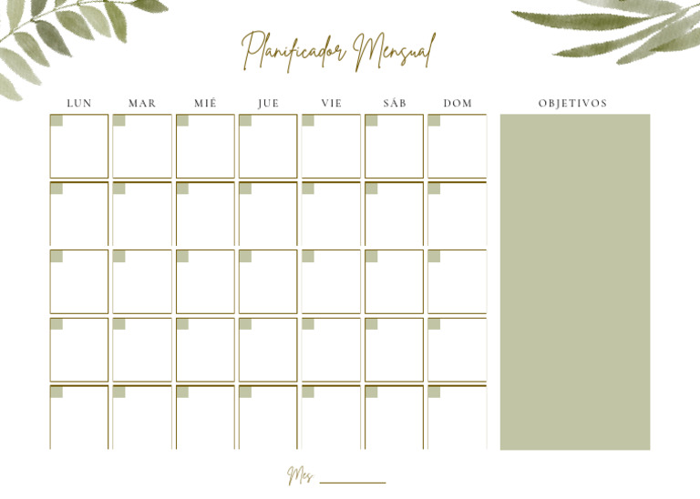 Planificador Mensual Simple y Verde | PDF