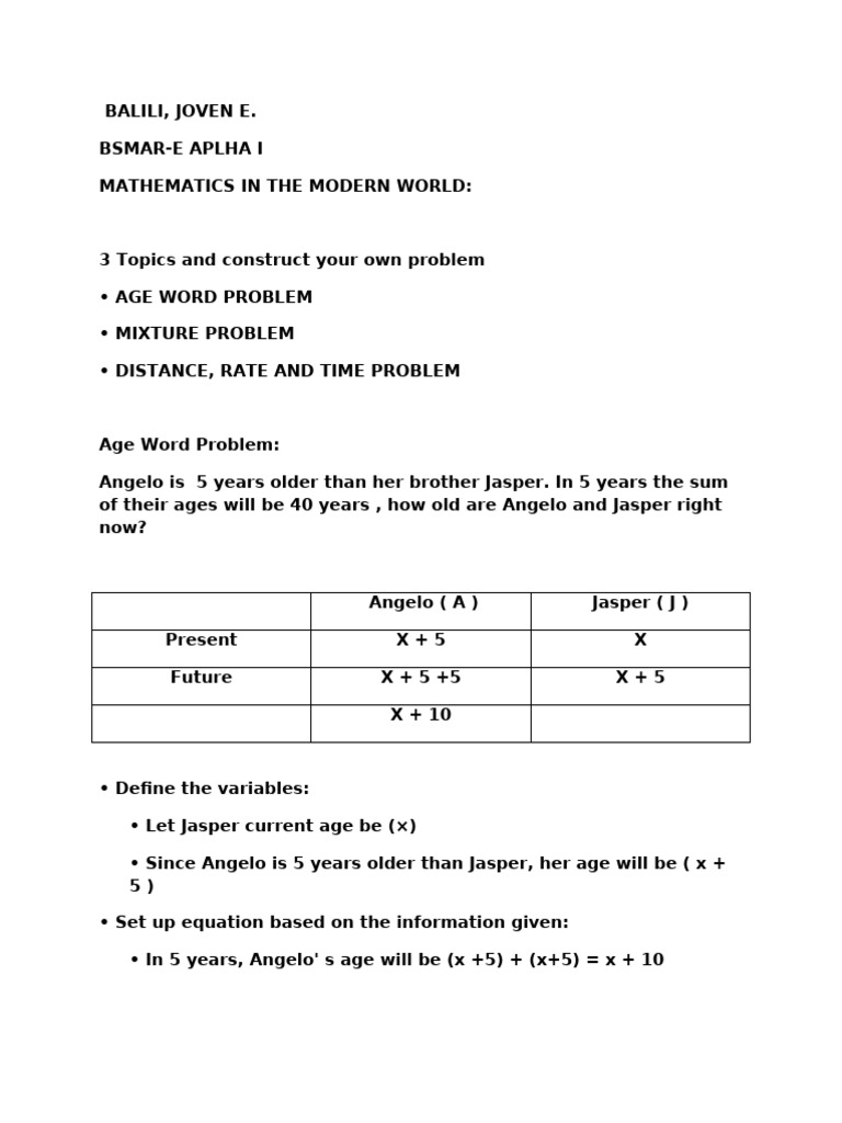 Solving The Age Word Problem, Mixture Problem and Distance, Rate, and Time Problem | PDF ...