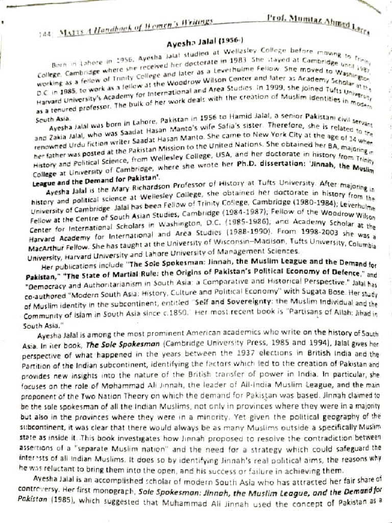 Ayesha Jalal Topics With Mcqs | PDF