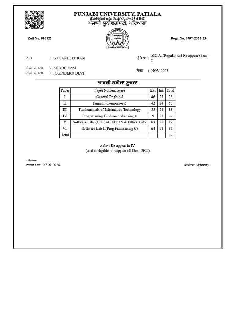 Punjabi University Patiala - Results | PDF