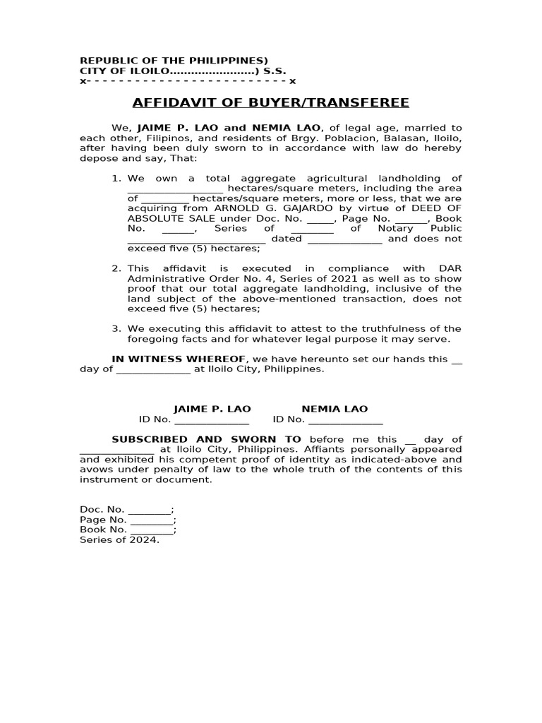 Affidavit Buyer Transferee | PDF | Law