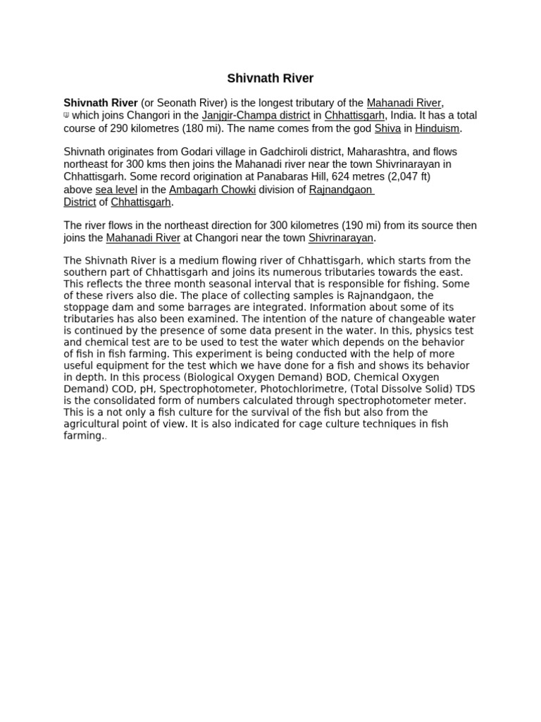 Shivnath River: Tributary and Fish Farming Study | PDF