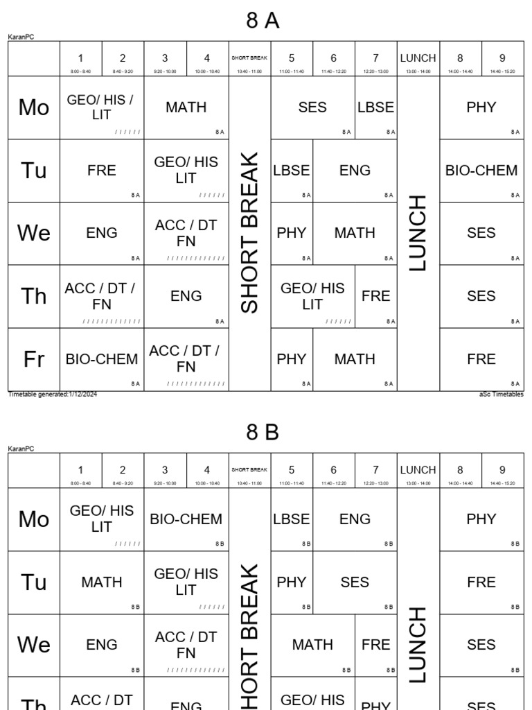 2024 School Timetable Overview | PDF