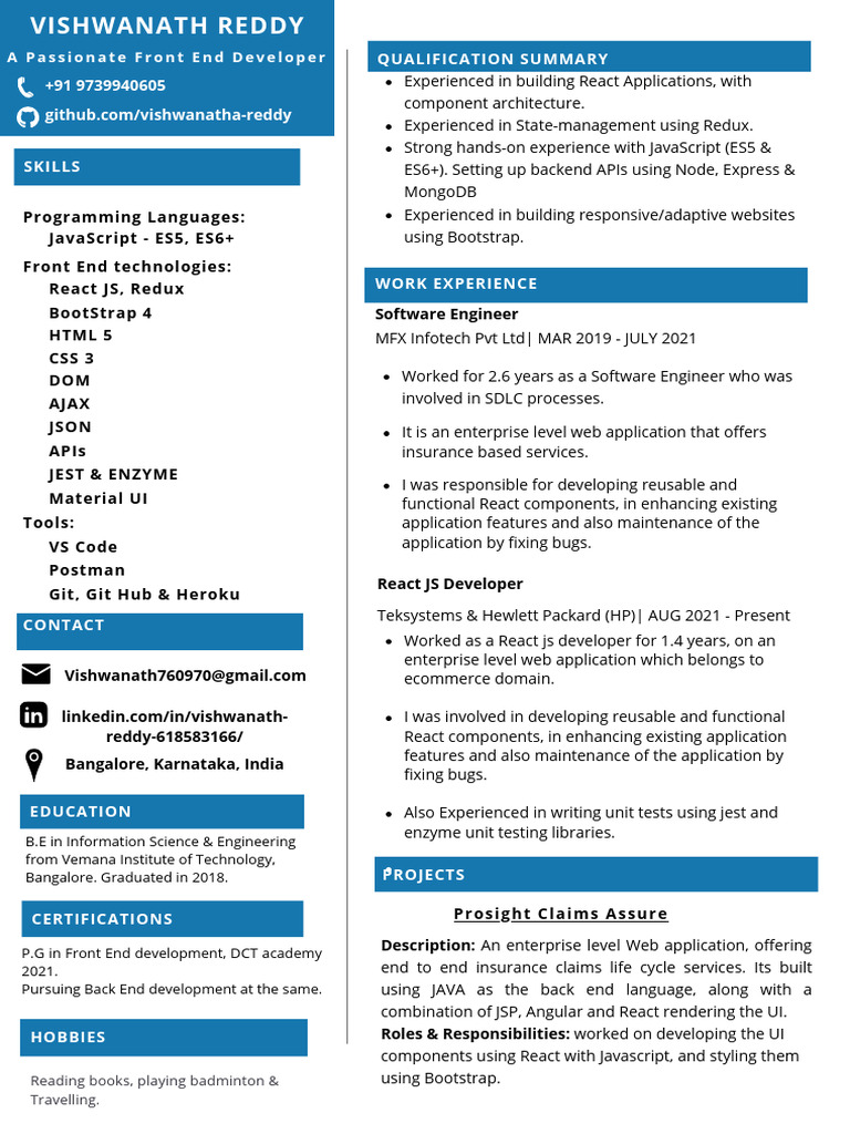 Vishwanath Front End Resume 2022 | PDF | Computing | Software Engineering