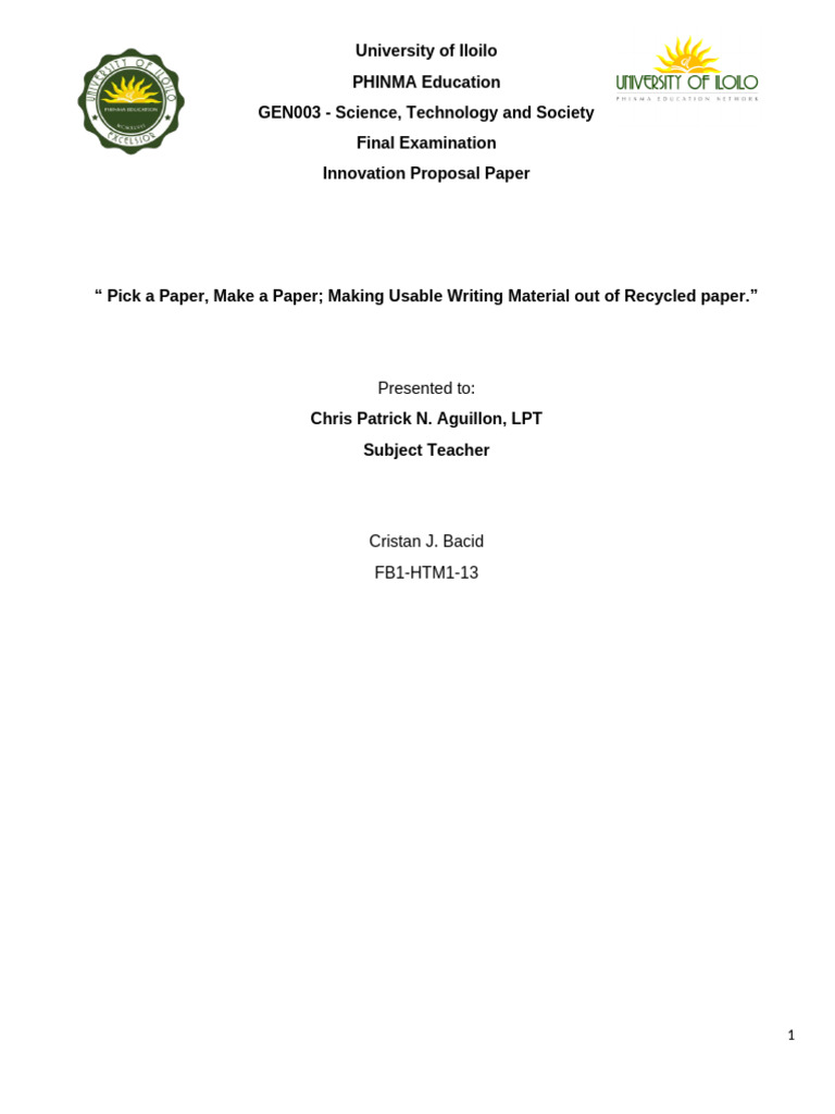 Recycled Paper Innovation Proposal | PDF | Recycling | Paper