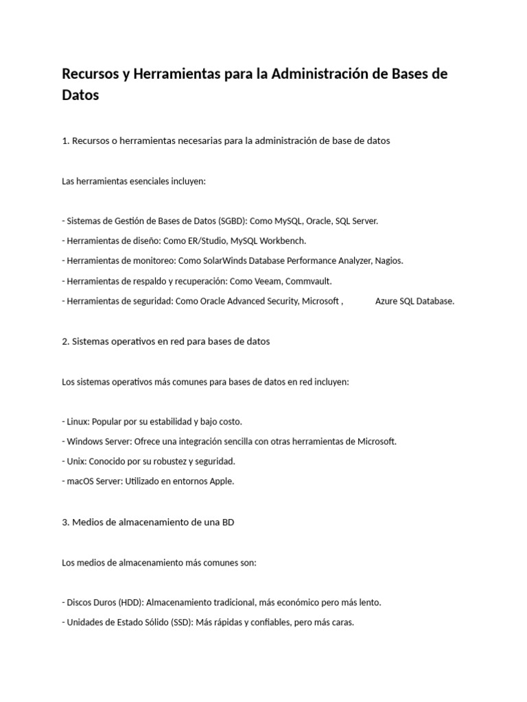 Recursos y Herramientas para La Administración de Bases de Datos | PDF | Mi sql | Bases de datos