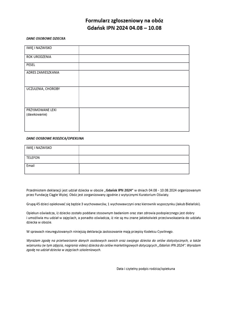 Formularz Zgłoszeniowy Na Obóz | PDF