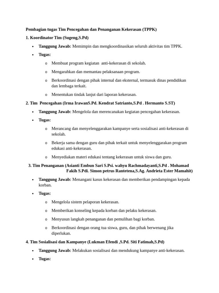 Pembagian Tugas Tim Pencegahan Dan Penanganan Kekerasan | PDF