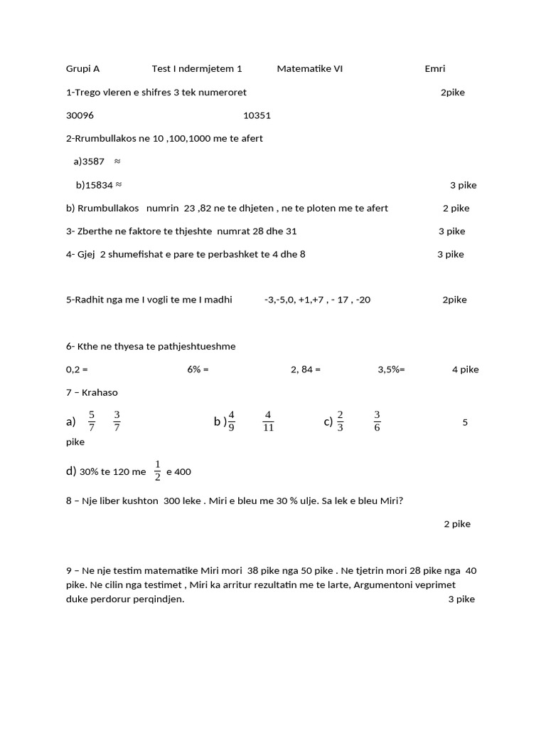 Grupi A Test I Ndermjetem 1 Matematike VI Emri | PDF