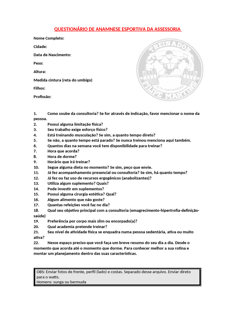Questionário de Anamnese | PDF | Autoajuda