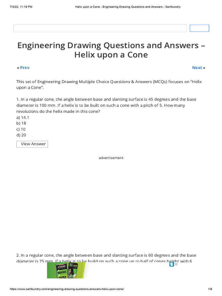 Helix Upon A Cone - Engineering Drawing Questions and Answers ...