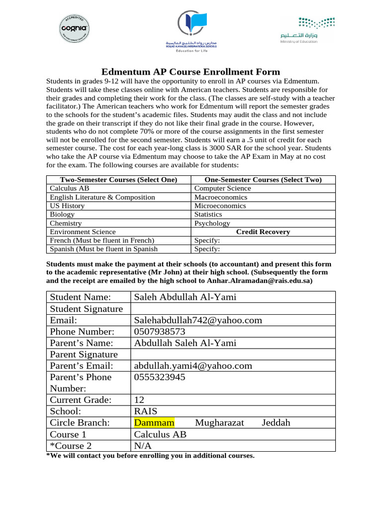 Edmentum AP Classes Interest Form | PDF | Advanced Placement ...