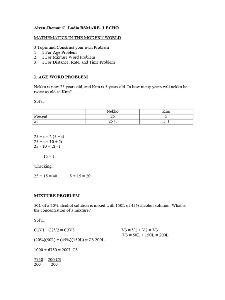 Constructing Math Problems: Age, Mixture, Distance | PDF | Mathematics
