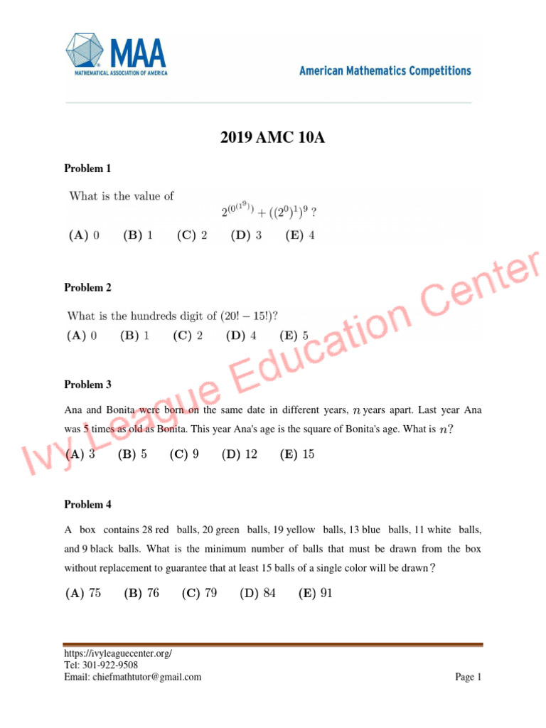 2019 Amc 10a Problems and Answers 1 | PDF | Rectangle | Sphere
