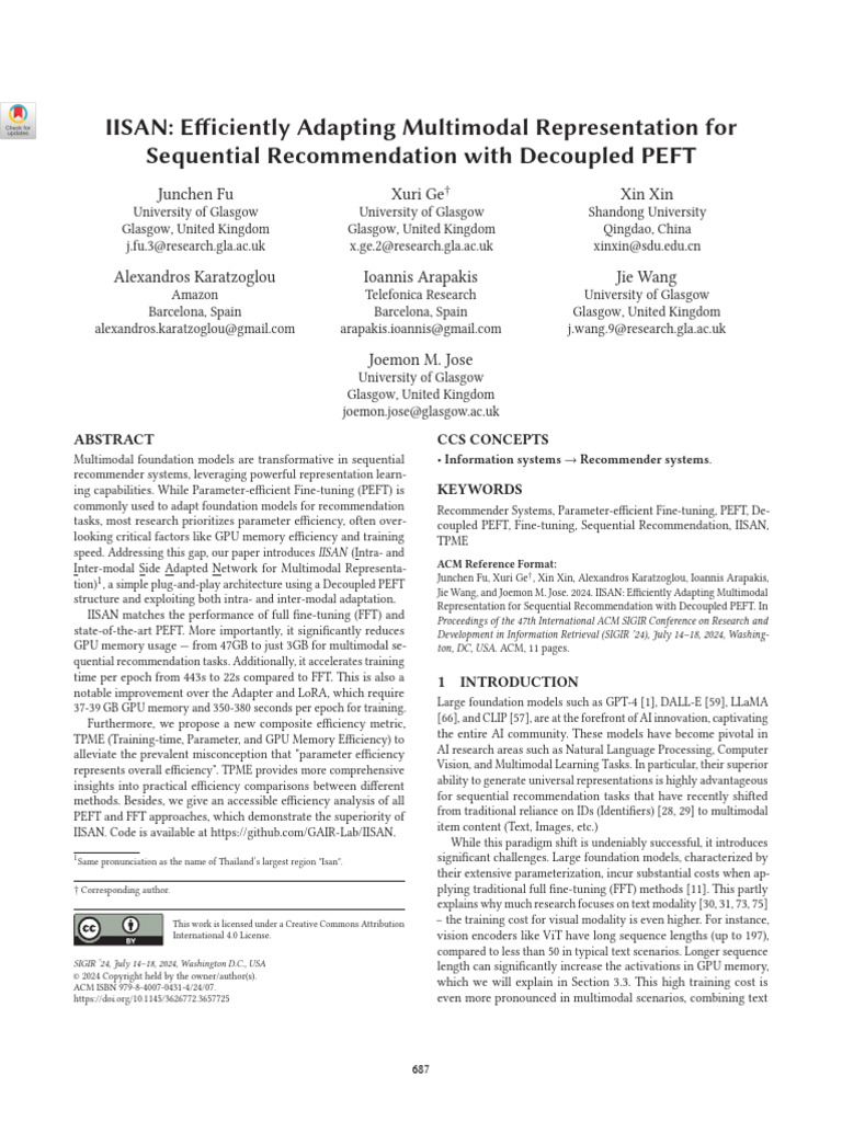 IISAN Efficiently Adapting Multimodal Representation for Sequential Recommendation With ...