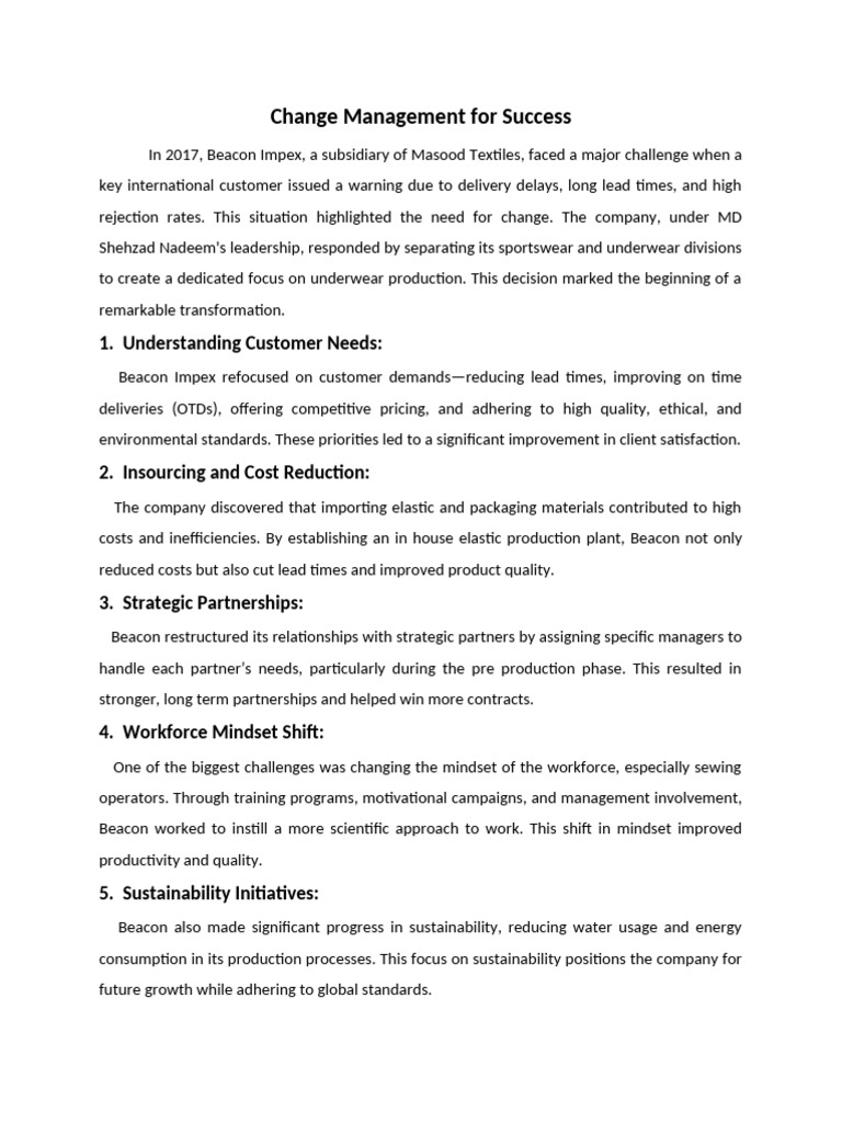 Change Management For Success One Page | PDF | Sustainability | Outsourcing