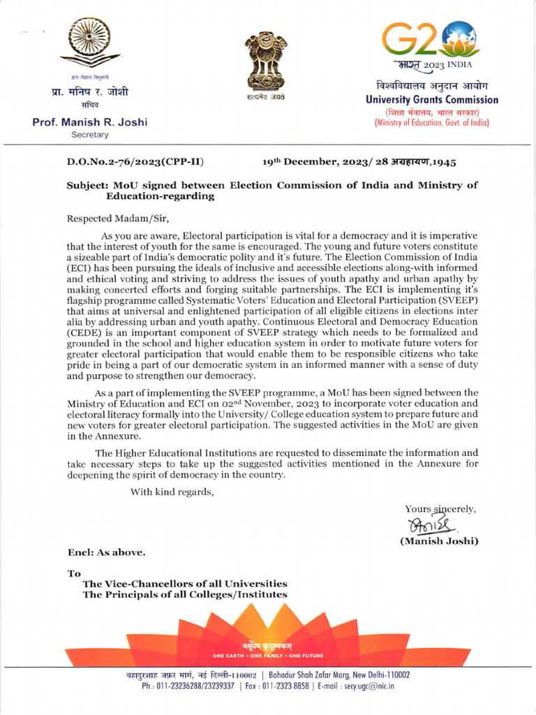 MoU Signed Between Election Commission of India and MoE | PDF ...