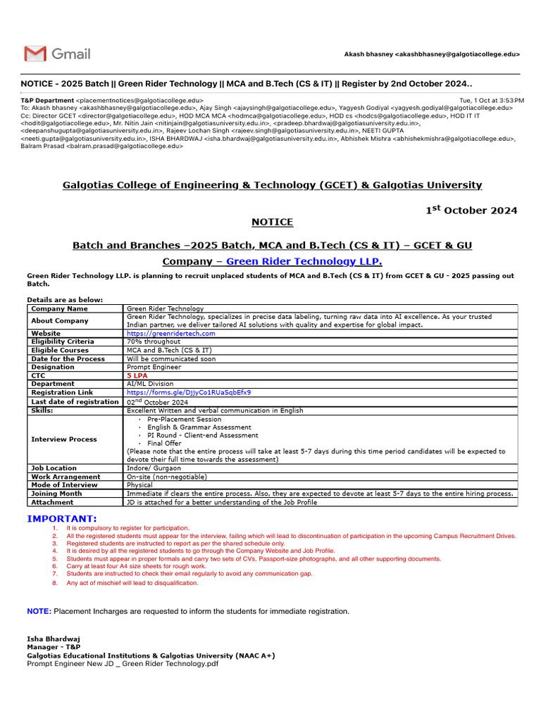 Green Rider Tech Recruitment for MCA/B.Tech | PDF | Career & Growth ...