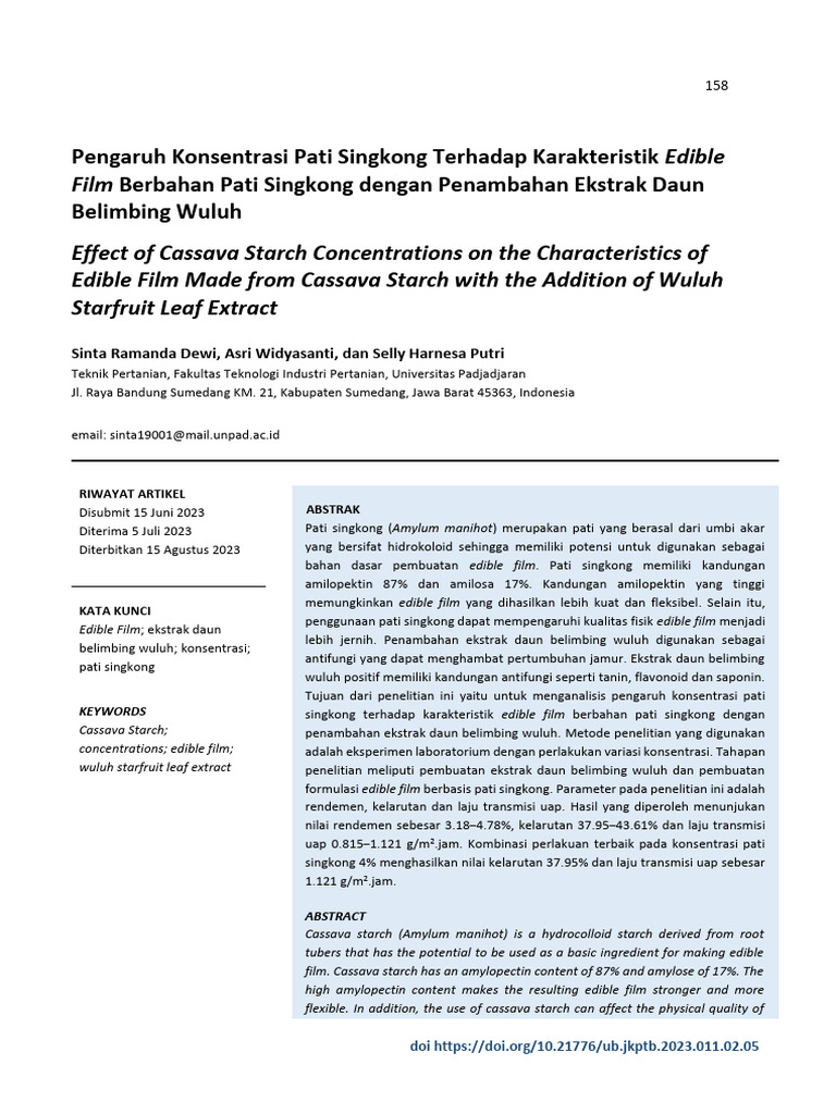 dimasf,+158-167.+LAYOUTING Pengaruh+Konsentrasi+Pati+Singkong+Terhadap+Edible+Film | PDF